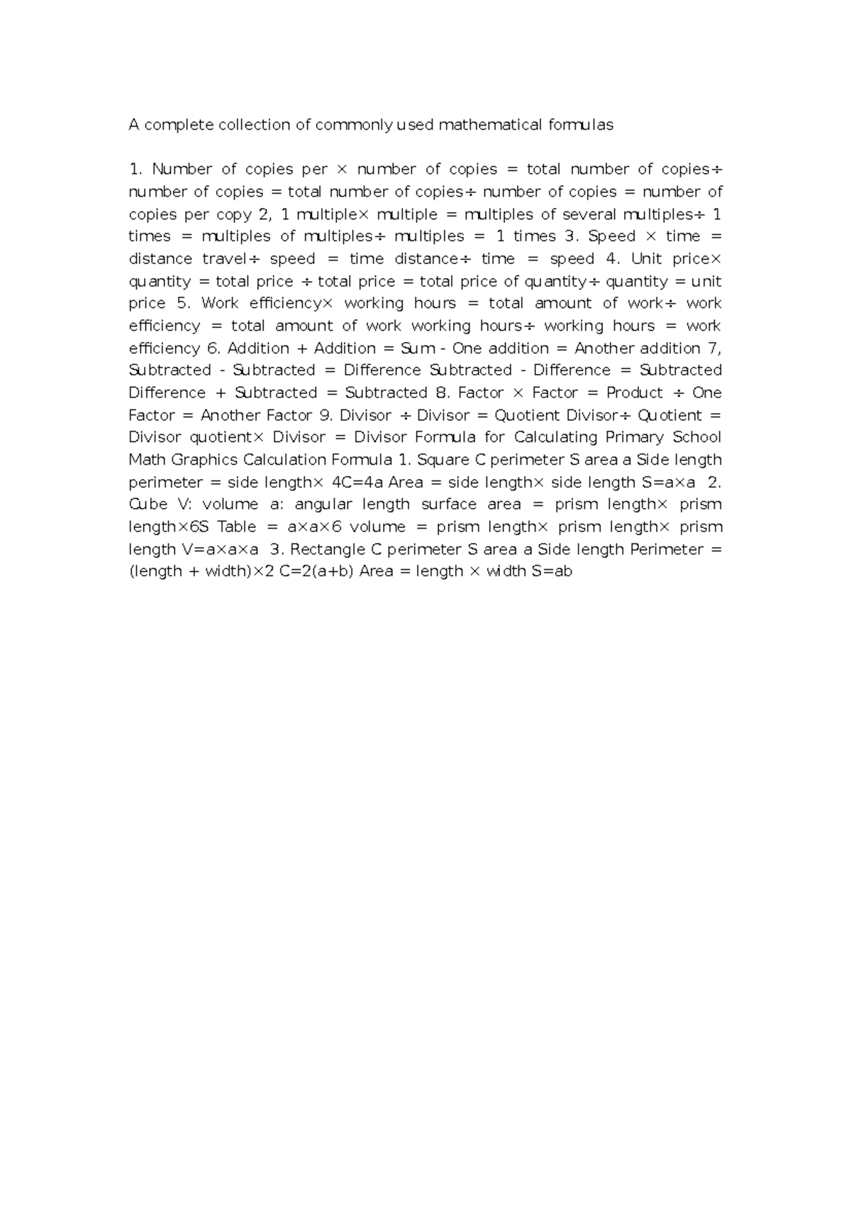 A complete collection of commonly used mathematical formulas - Speed × ...