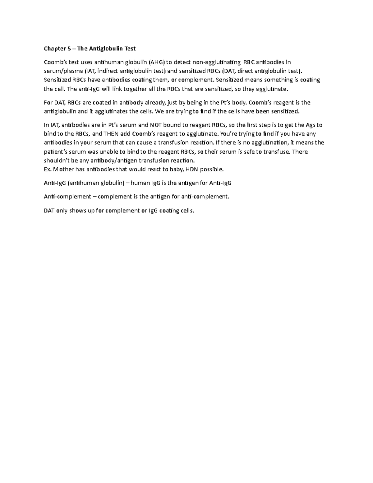 Chapter 5 - Chapter 5 – The Antiglobulin Test Coomb’s test uses ...