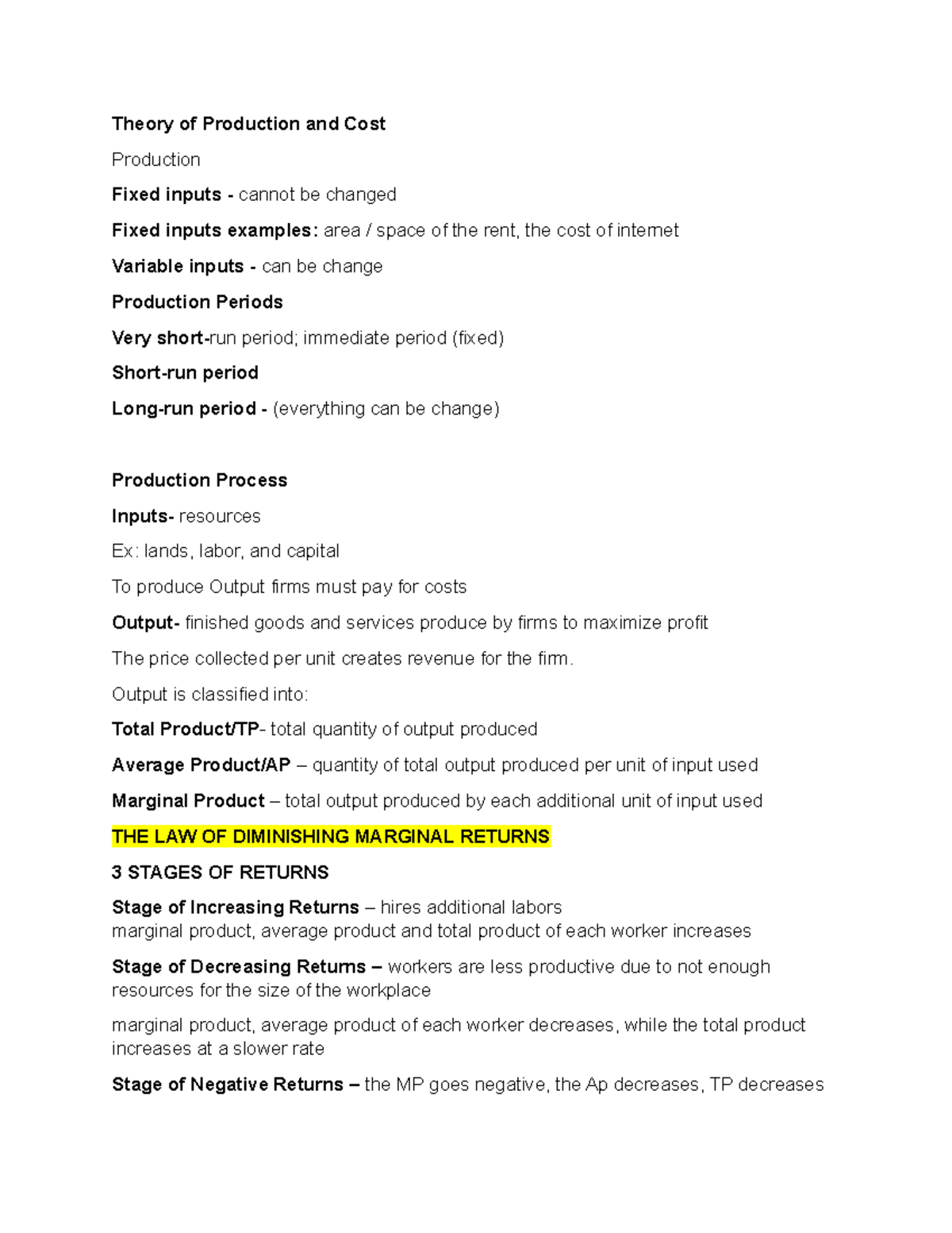 4 VIDS ECON Notes - Basic Microeconomics - Theory of Production and ...