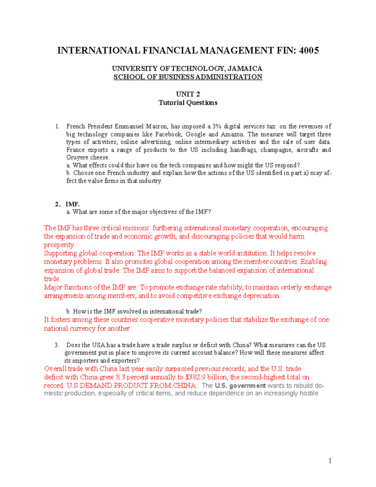 Unit 2 tutorial 2023 - INTERNATIONAL FINANCIAL MANAGEMENT FIN: 4005 ...
