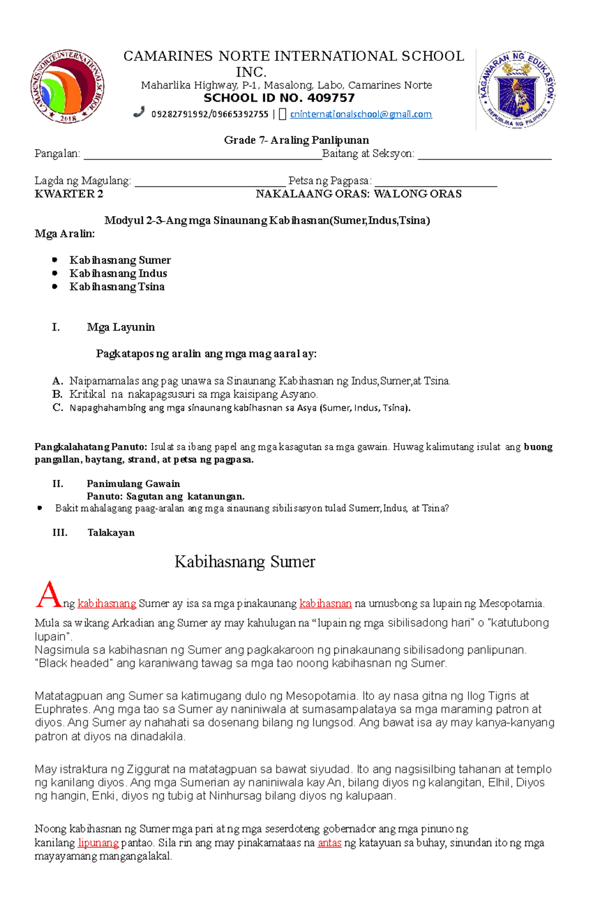 Module 2(AP7,Quarter 2) - CAMARINES NORTE INTERNATIONAL SCHOOL INC. Maharlika Highway, P-1 ...