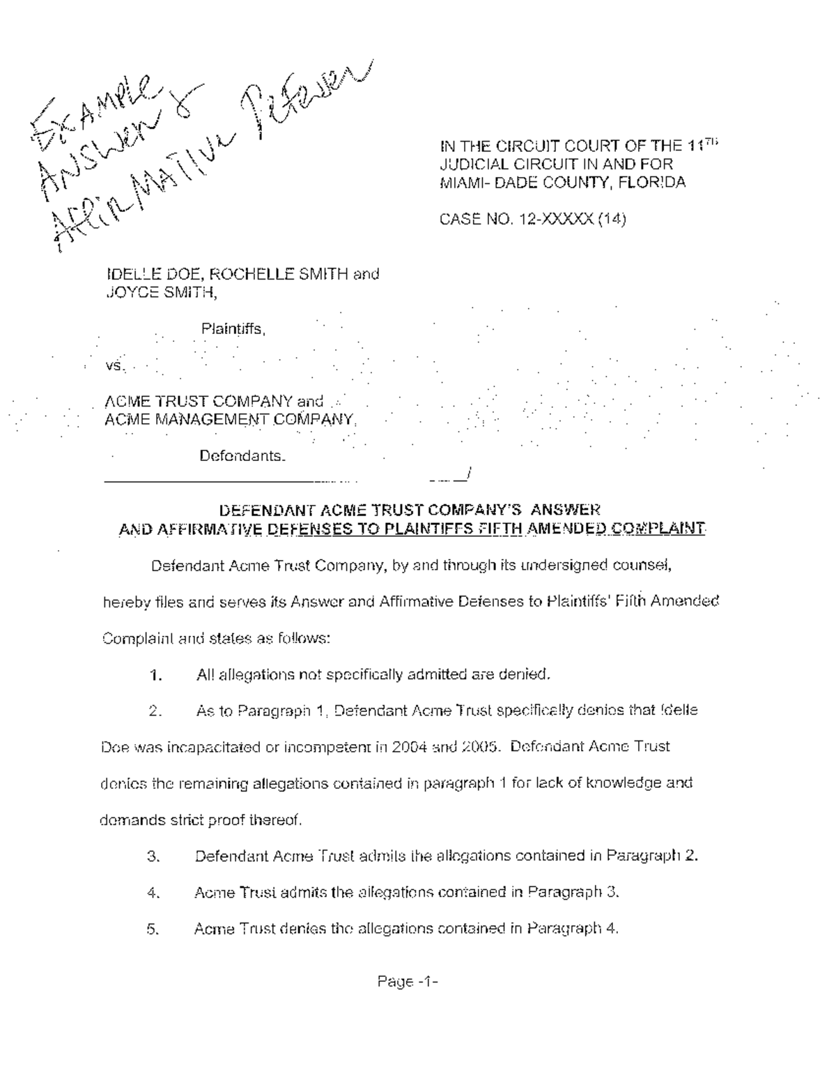 Example Answer and Affirmative Defenses - PLA1003 - Studocu