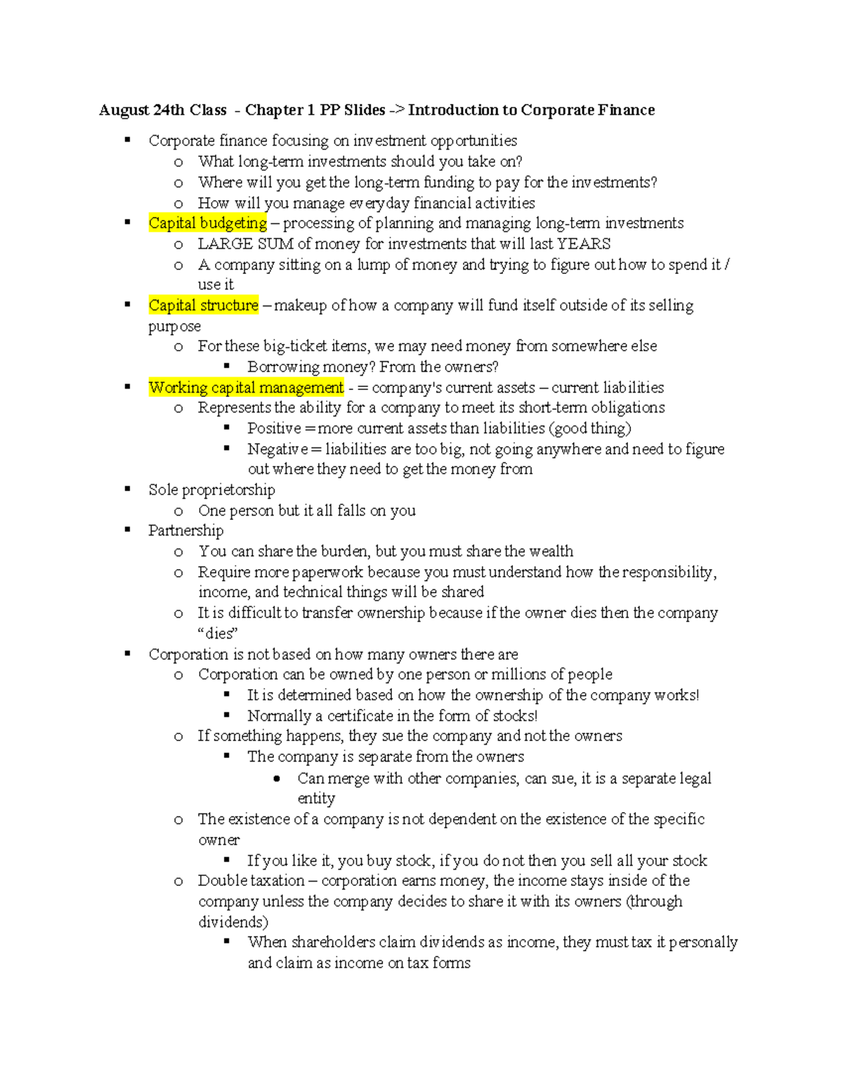Financial Management Notes Chapters 1-4 - August 24th Class - Chapter 1 ...