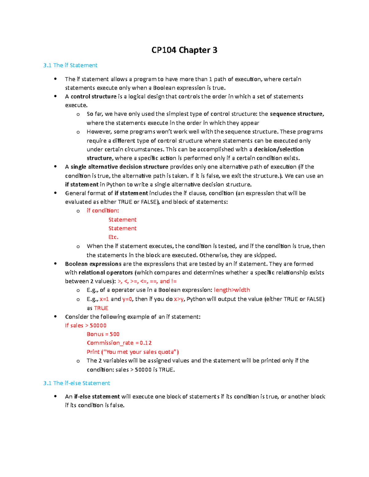 CP104 Chapter 3: If-Elif-Else Statements - CP 104 - WLU - Studocu