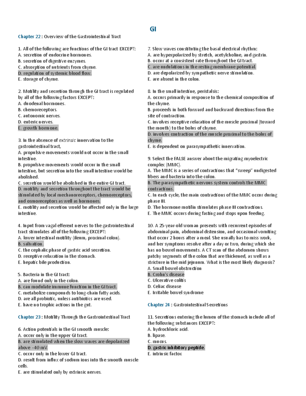 Physiology Quiz Qs form Netter - GI Chapter 22 : Overview of the ...