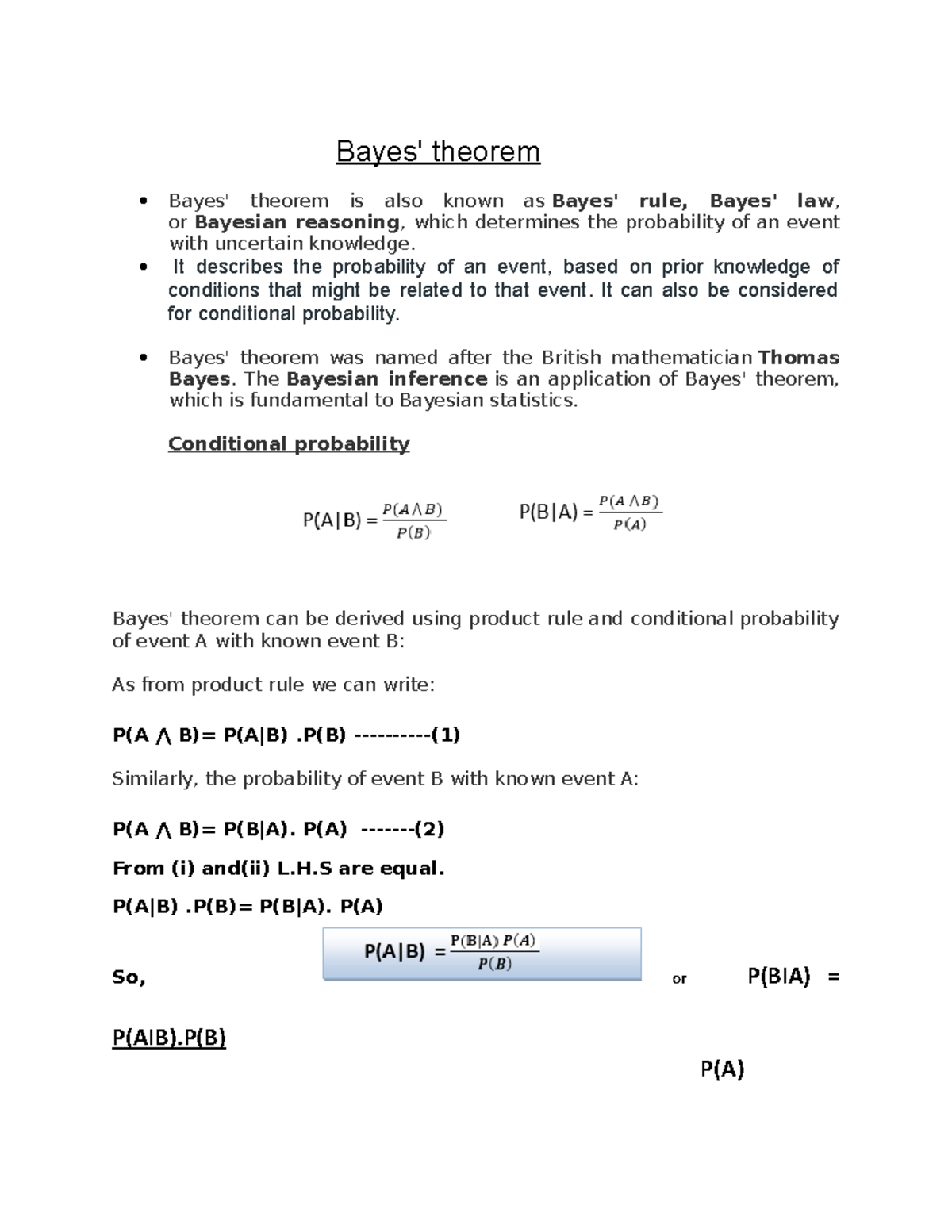 Baye's theorem of machine learning - Bayes' theorem Bayes' theorem is ...