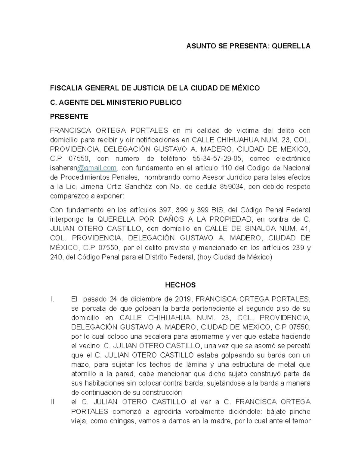 Querella - ASUNTO SE PRESENTA: QUERELLA FISCALIA GENERAL DE JUSTICIA DE ...