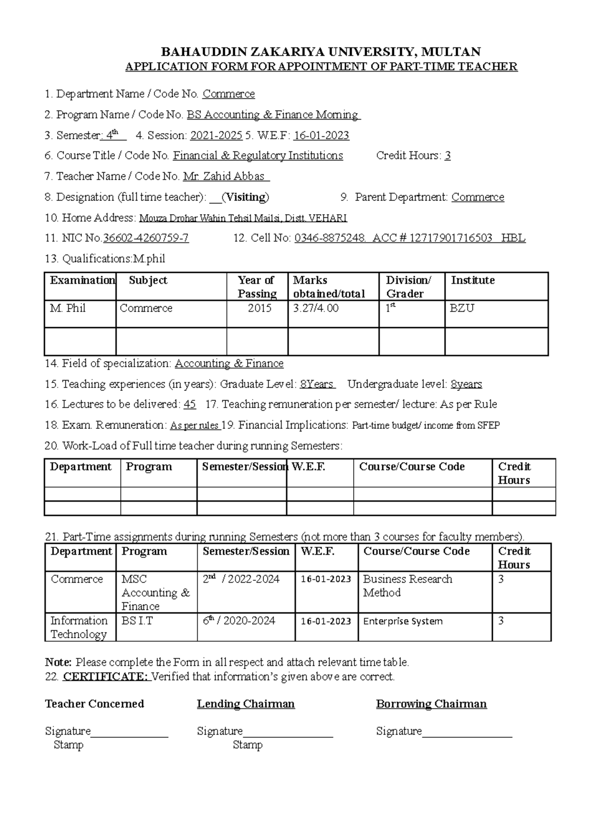 Part time pro forma 22 - Tutorial work - BAHAUDDIN ZAKARIYA UNIVERSITY ...