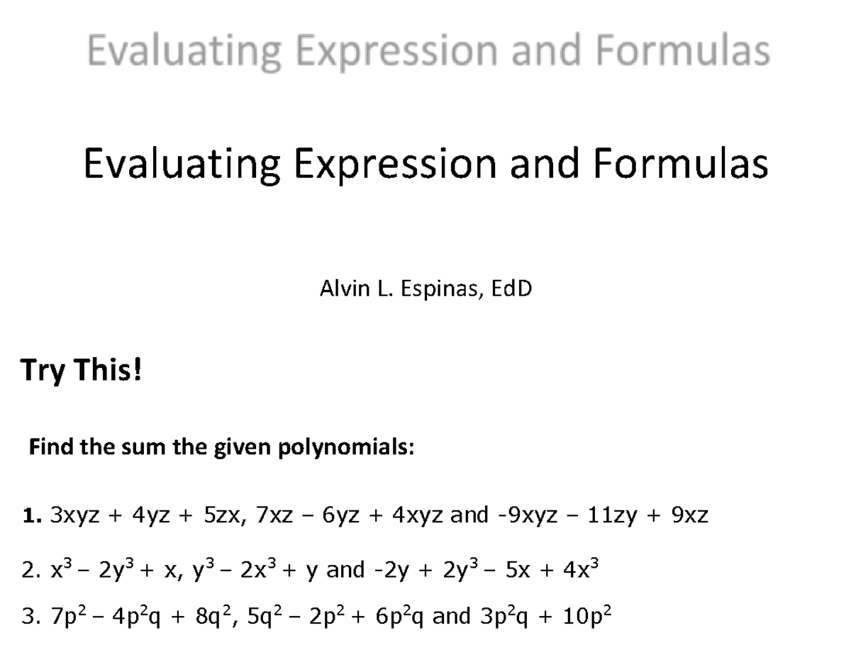 Week 3 College Algebra - engel - Evaluating Expression and Formulas ...
