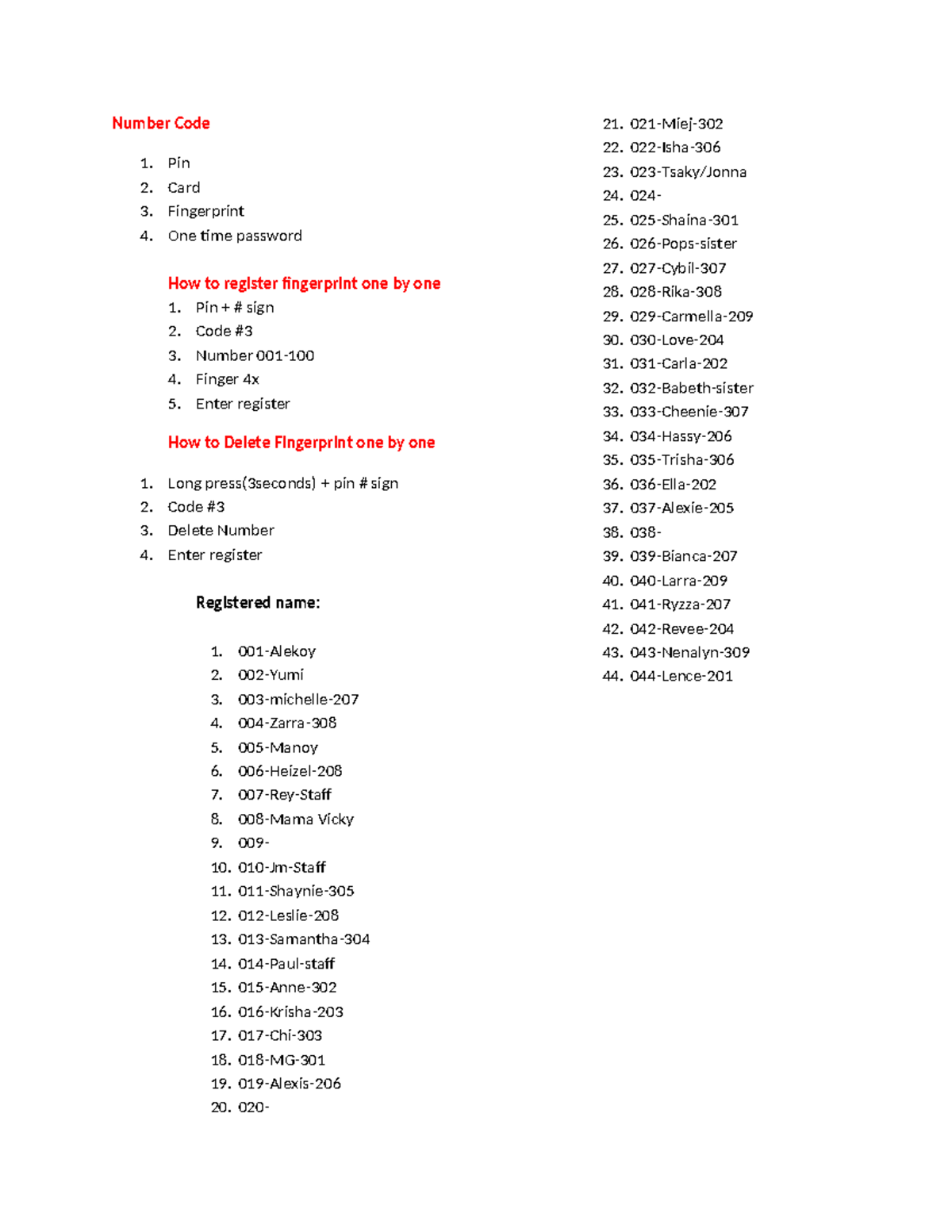 Finger Number Code Tenants - Number Code 1. Pin 2. Card 3. Fingerprint ...