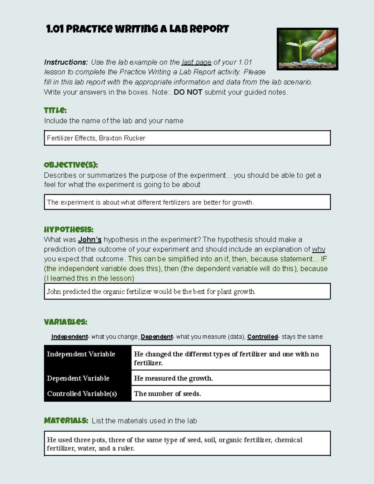 Copy of 1 01 Exploring Life Lab Report - 1 Practice Writing a Lab ...