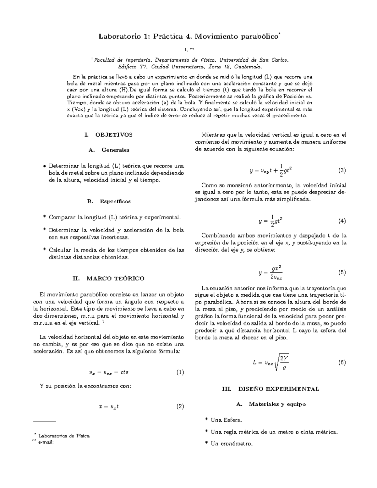 Practica 4 Fisica 1 - práctica 4 - Laboratorio 1: Práctica 4. Movimiento parabólico* 1, ** 1 ...