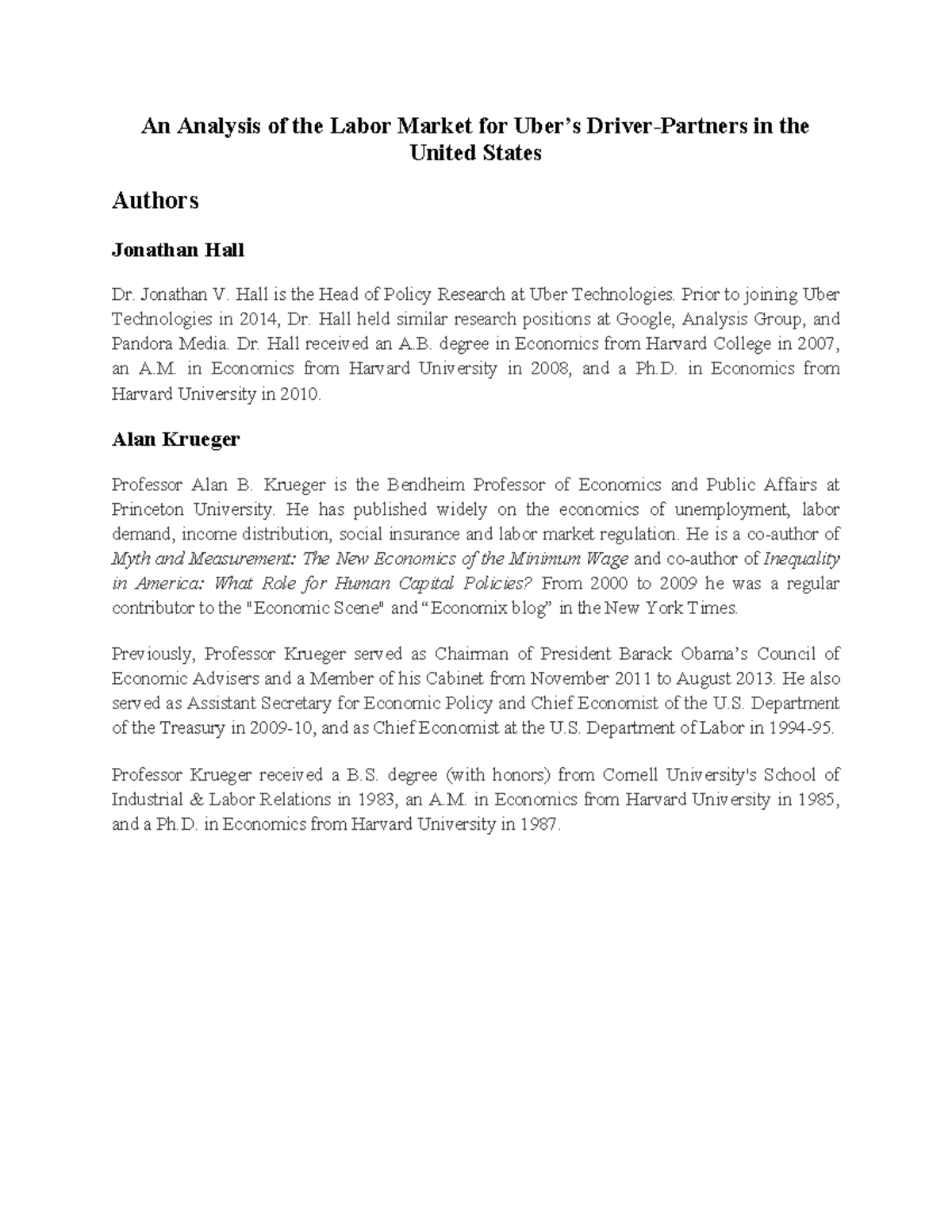Uber Driver-Partners Hall Kreuger 2015s - An Analysis of the Labor ...