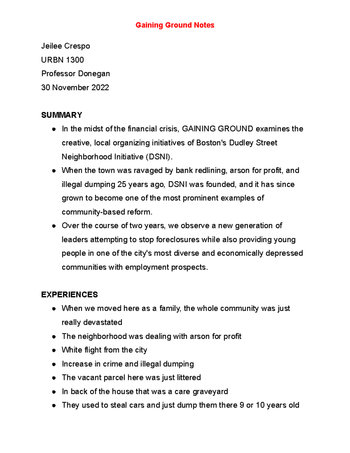 URBN 1300- Gaining Ground Notes - Gaining Ground Notes Jeilee Crespo ...