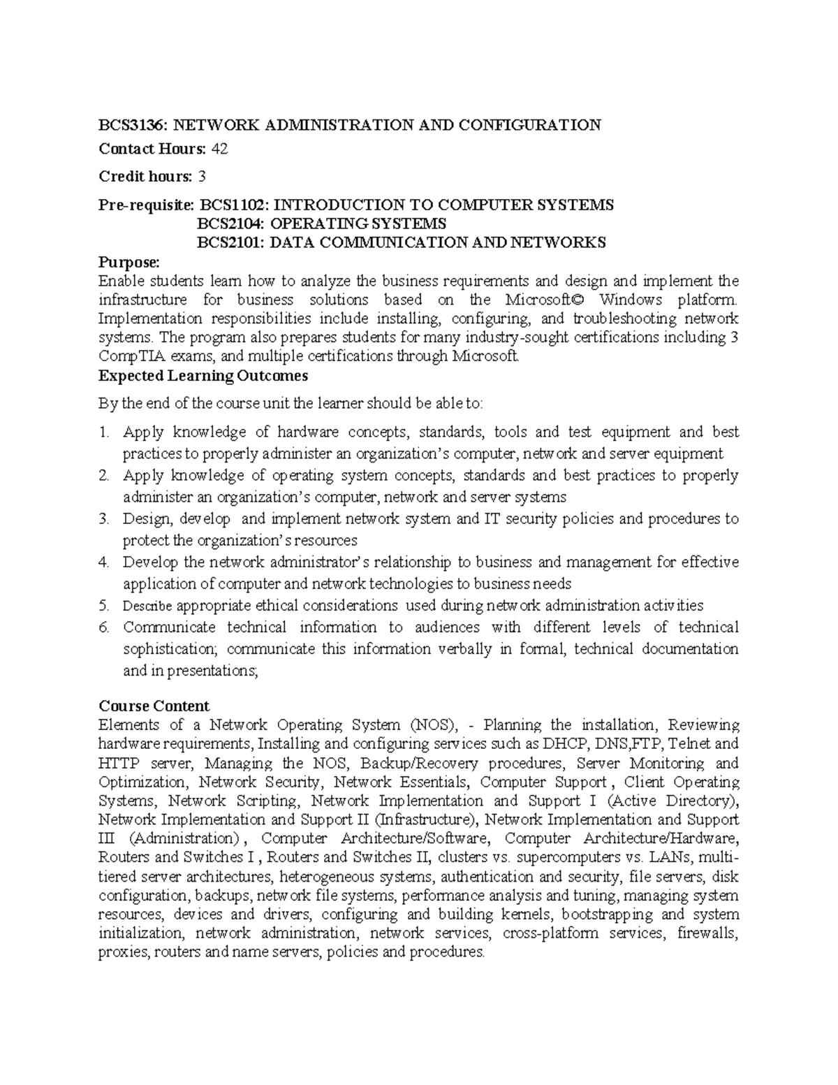 BIT3136 Network Administration Course Outline - BCS3136: NETWORK ...