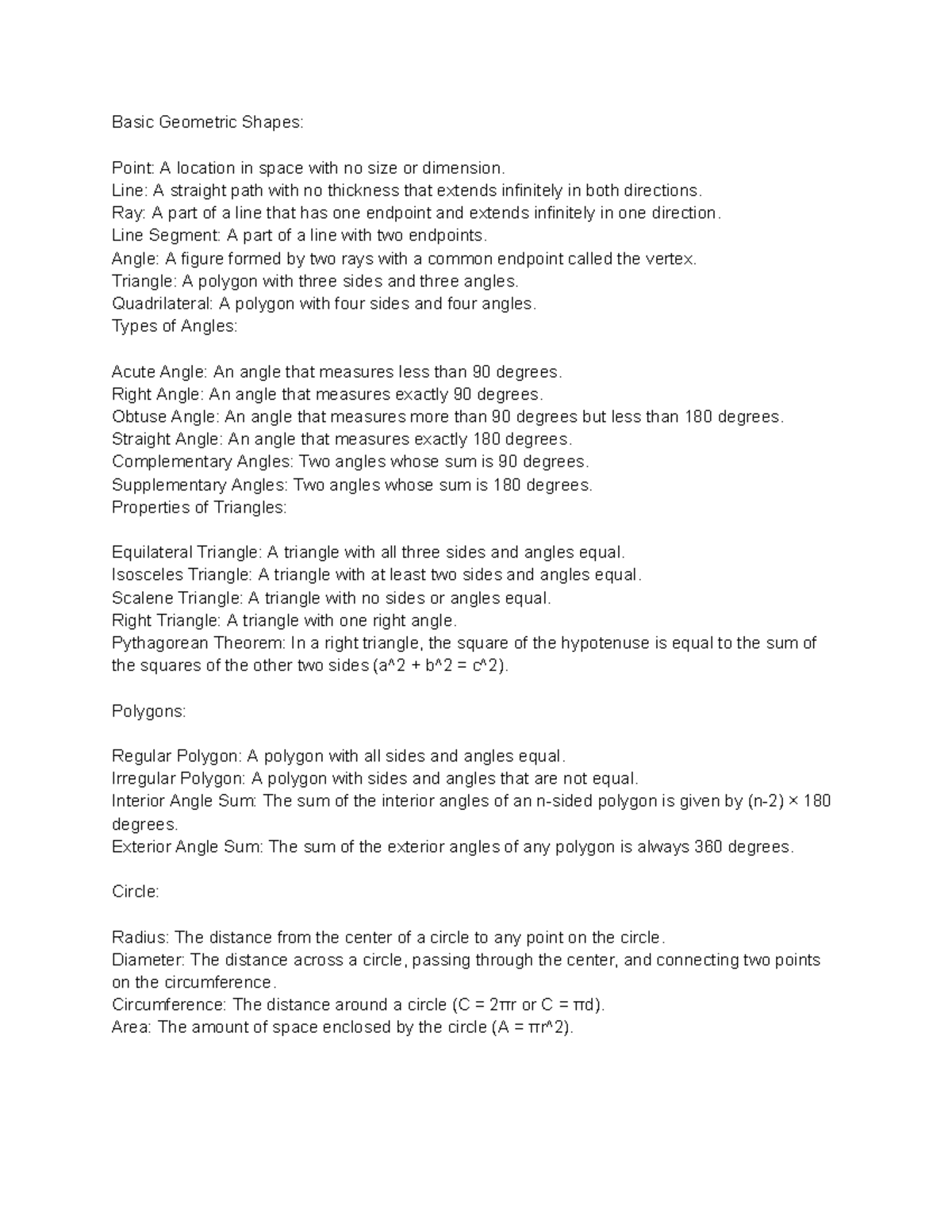 Basic Geometry Notes - Basic Geometric Shapes: Point: A location in ...