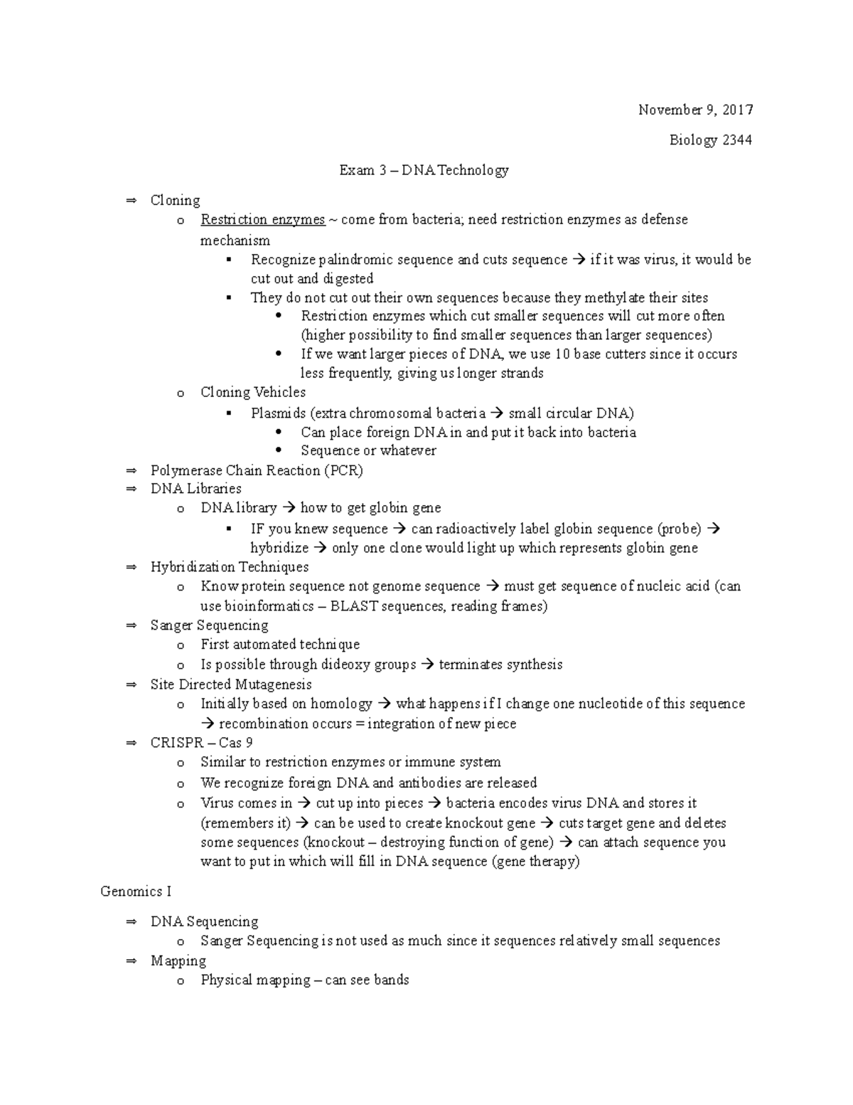 November 9 Notes - November 9, 2017 Biology 2344 Exam 3 – DNA ...