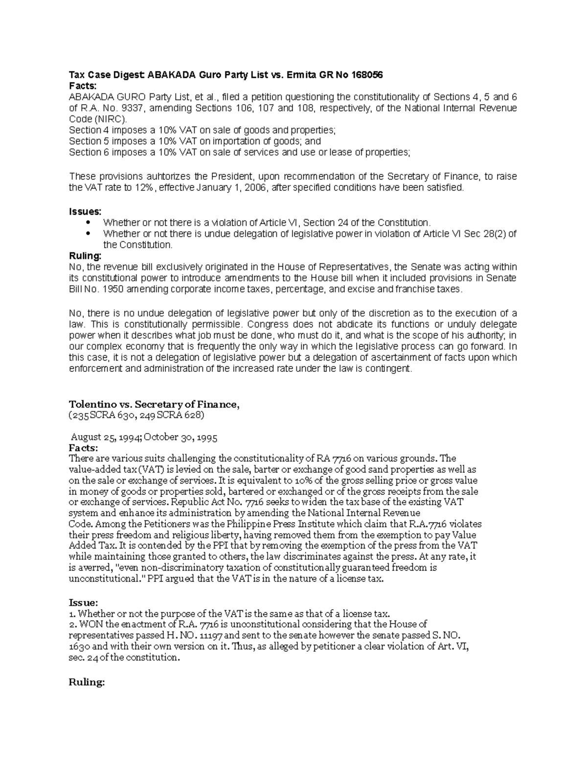 VAT Case Digest - Tax Case Digest: ABAKADA Guro Party List vs. Ermita ...