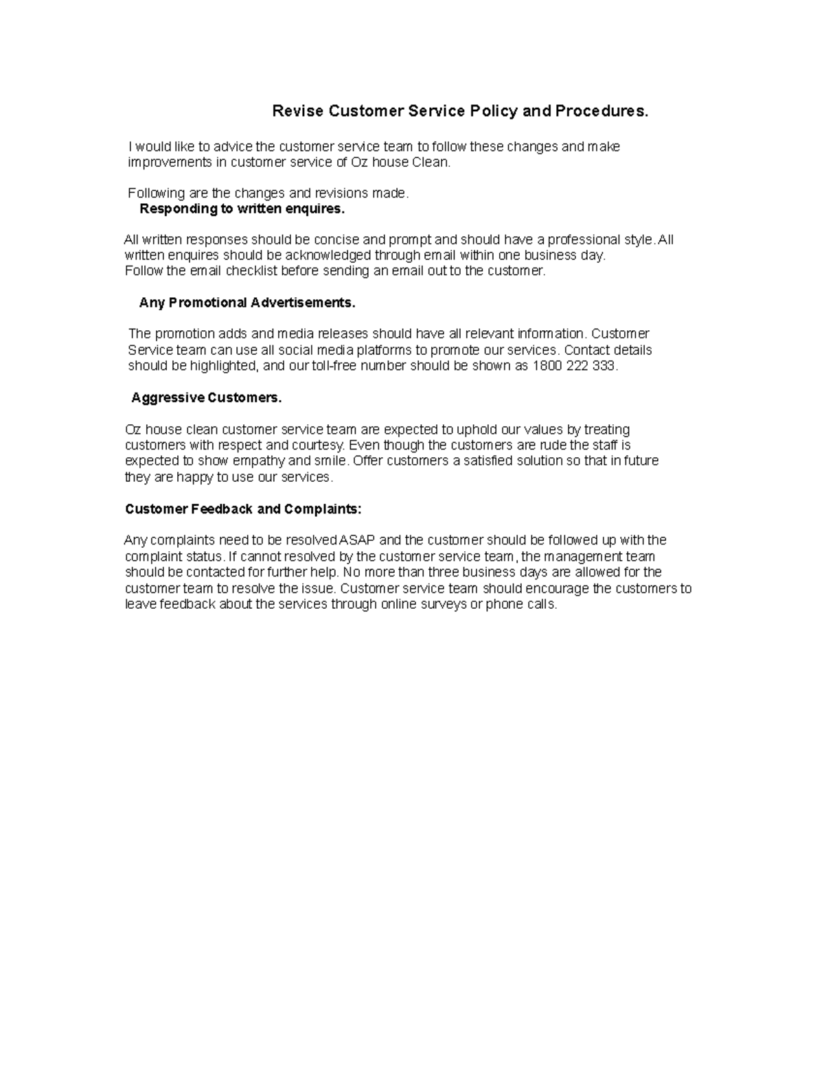 Revise Customer Service Policy and Procedures - I would like to advice ...