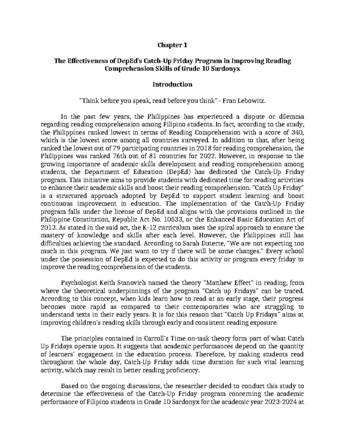 Chapter 12-tab-word - this research is about the effectiveness of catch-up Friday program to ...