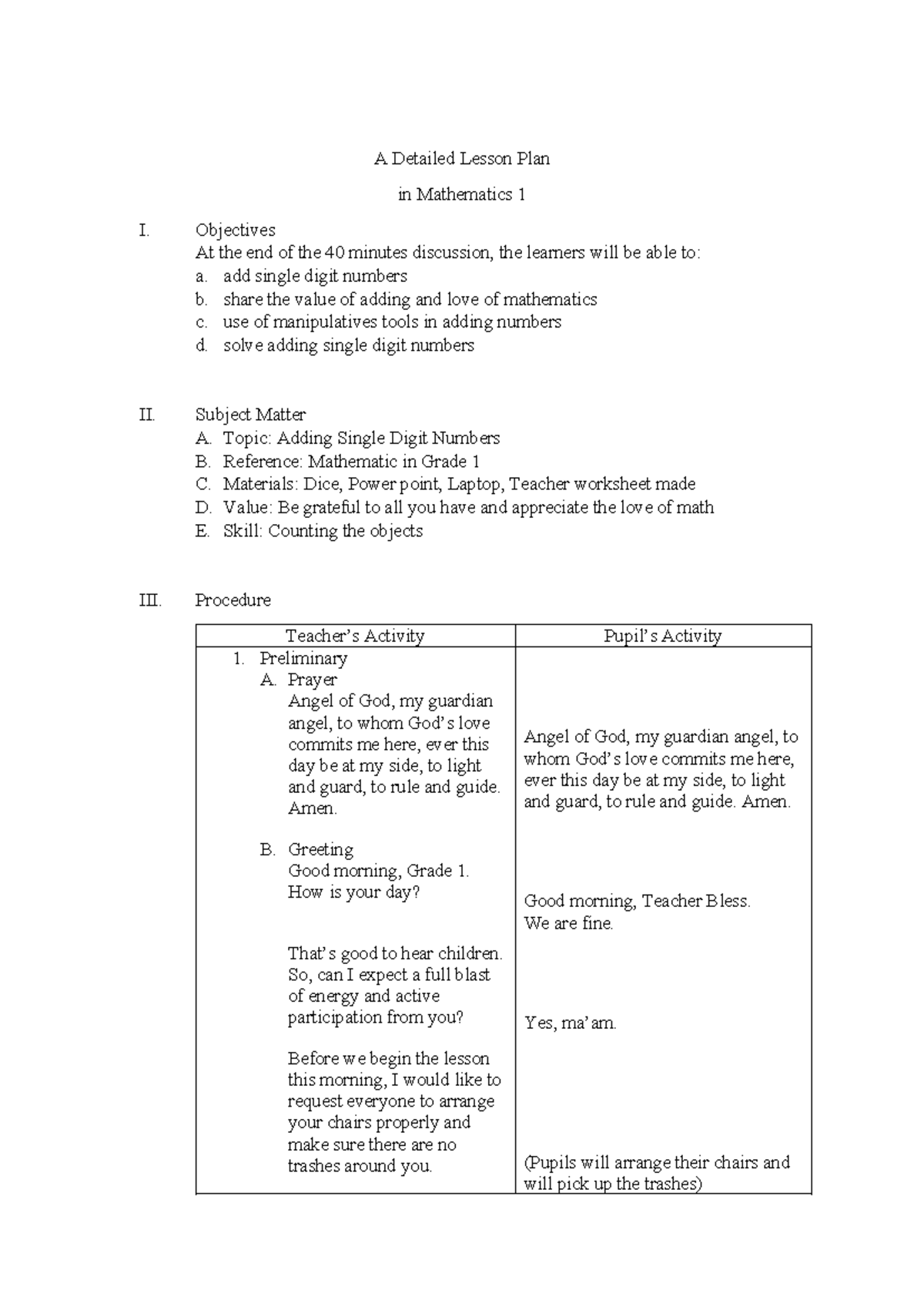 LP in Math 1 (addition) - Lesson Plan in Math - A Detailed Lesson Plan ...