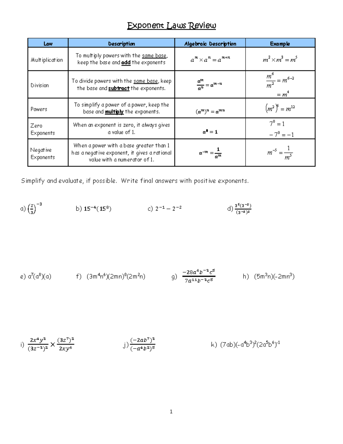 MCR3U1-Exponential Functions handouts - Exponent Laws Review Law Description Algebraic ...