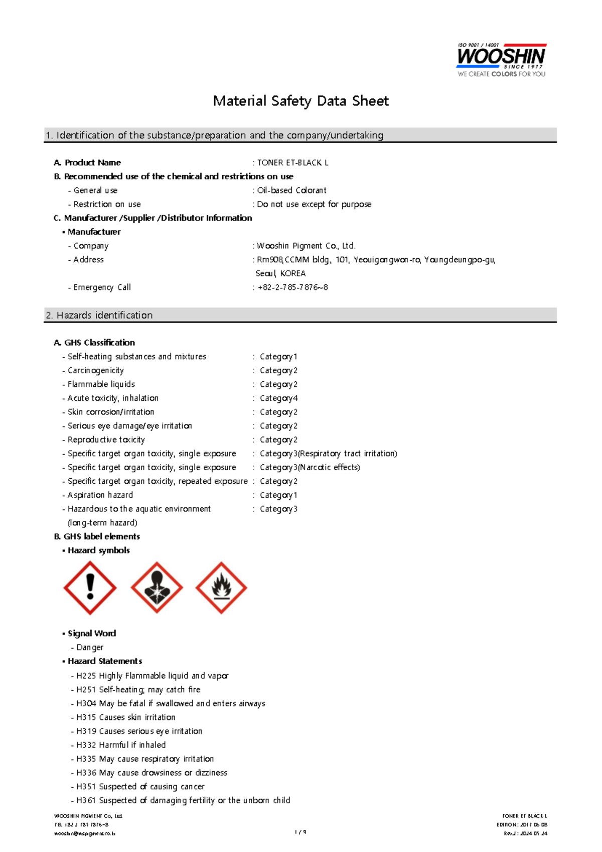MSDS(EN) Toner ET- Black L REV - 1. Identification of the substance/preparation and the - Studocu