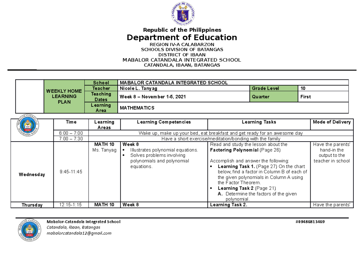G9 -8th-Weekly-Home-Learning-Plan - Republic of the Philippines ...