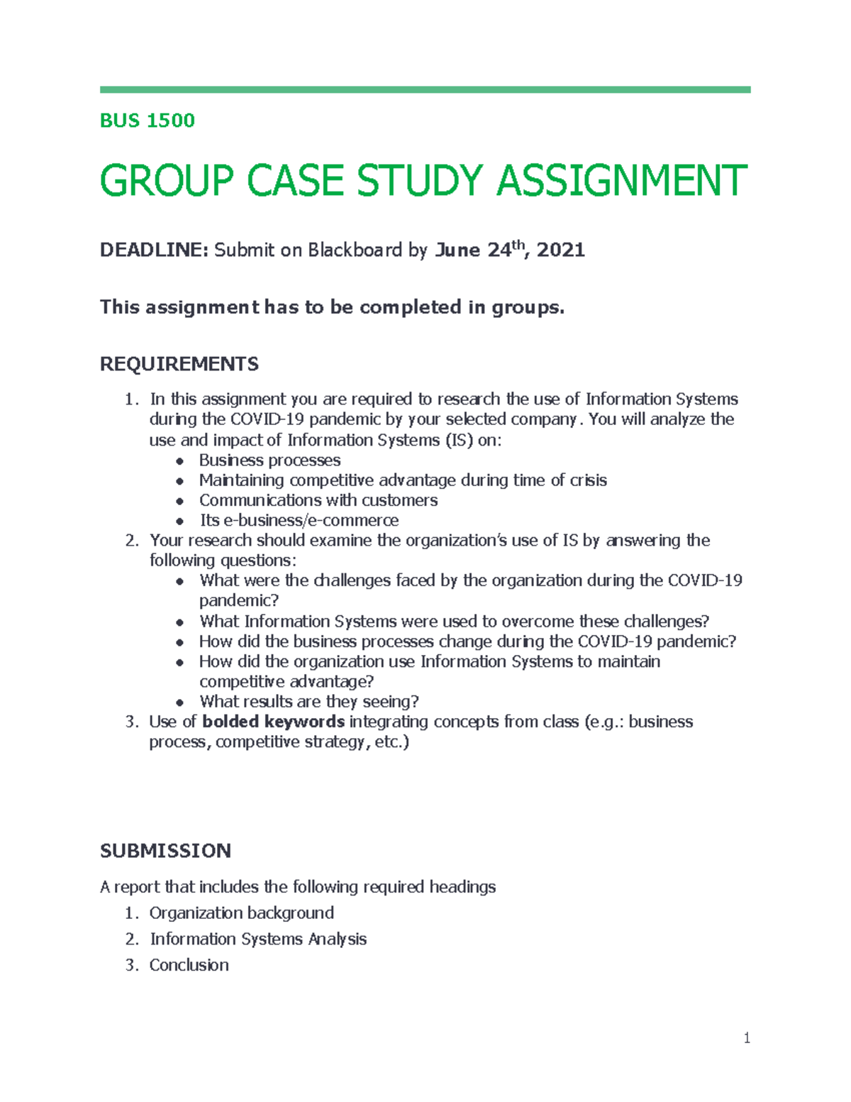 Group Case Study Assignment - 1 BUS 1500 GROUP CASE STUDY ASSIGNMENT ...