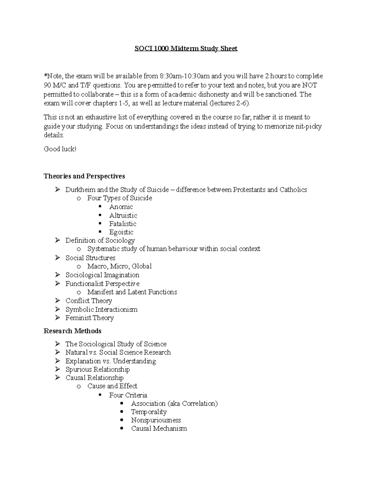 SOCI 1000 Midterm Study Sheet - SOCI 1000 Midterm Study Sheet *Note ...