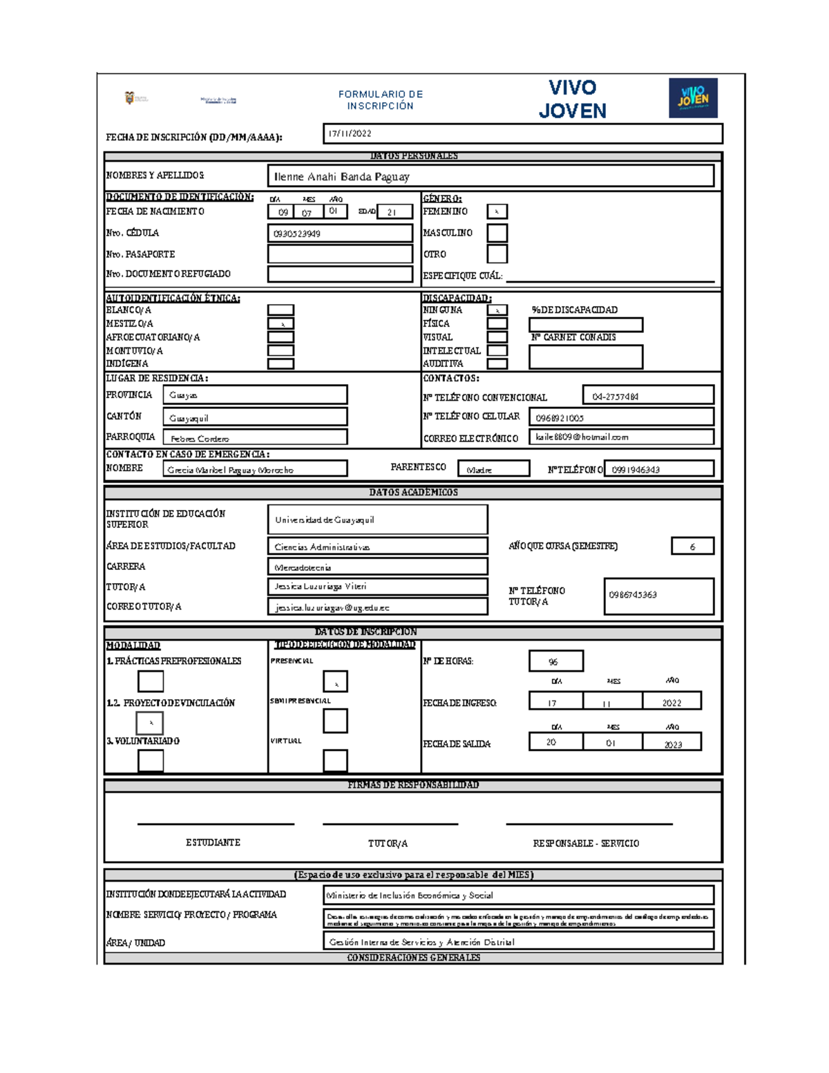 01 Formulario DE Inscripción Banda - FECHA DE INSCRIPCIÓN (DD/MM/AAAA ...