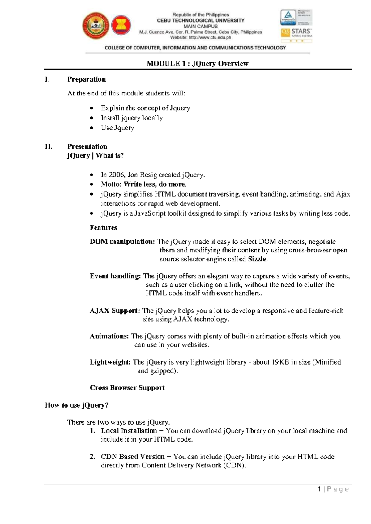 Module-1 - asp.net - MODULE 1 : JQuery Overview I. Preparation At the end of this module ...