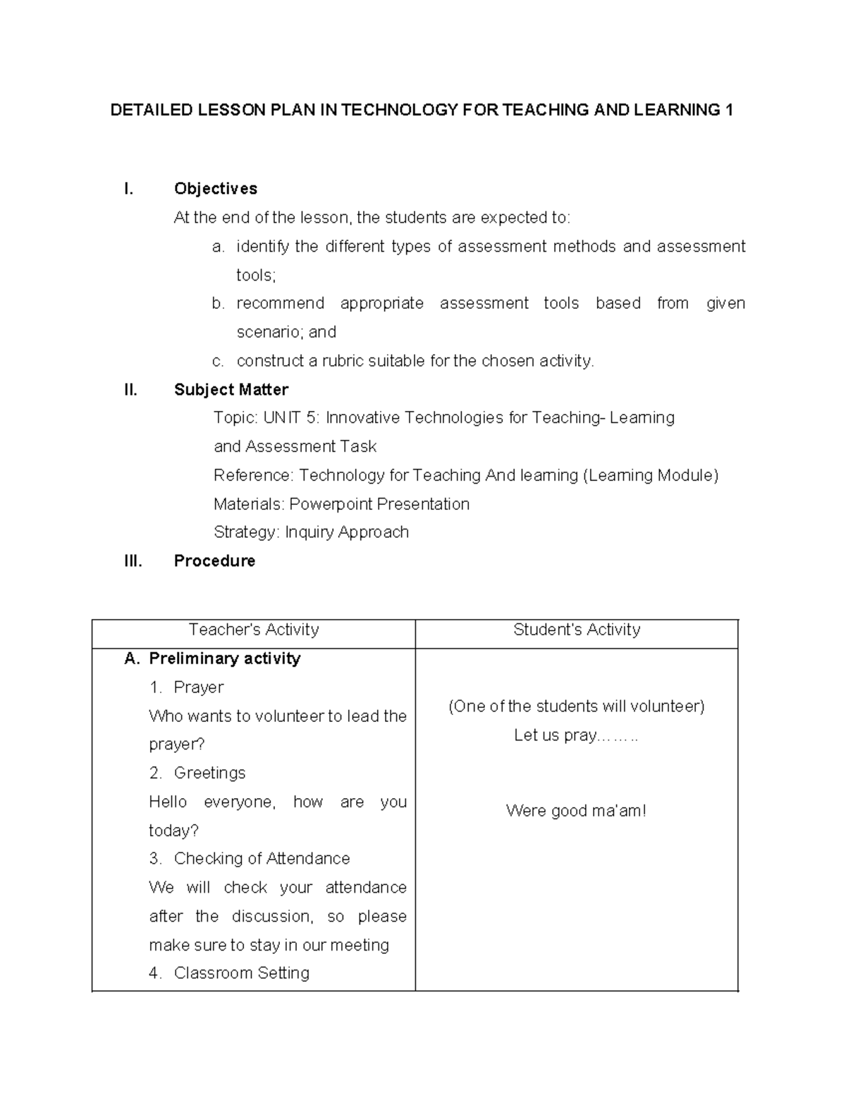 Detailed LESSON PLAN - DETAILED LESSON PLAN IN TECHNOLOGY FOR TEACHING ...