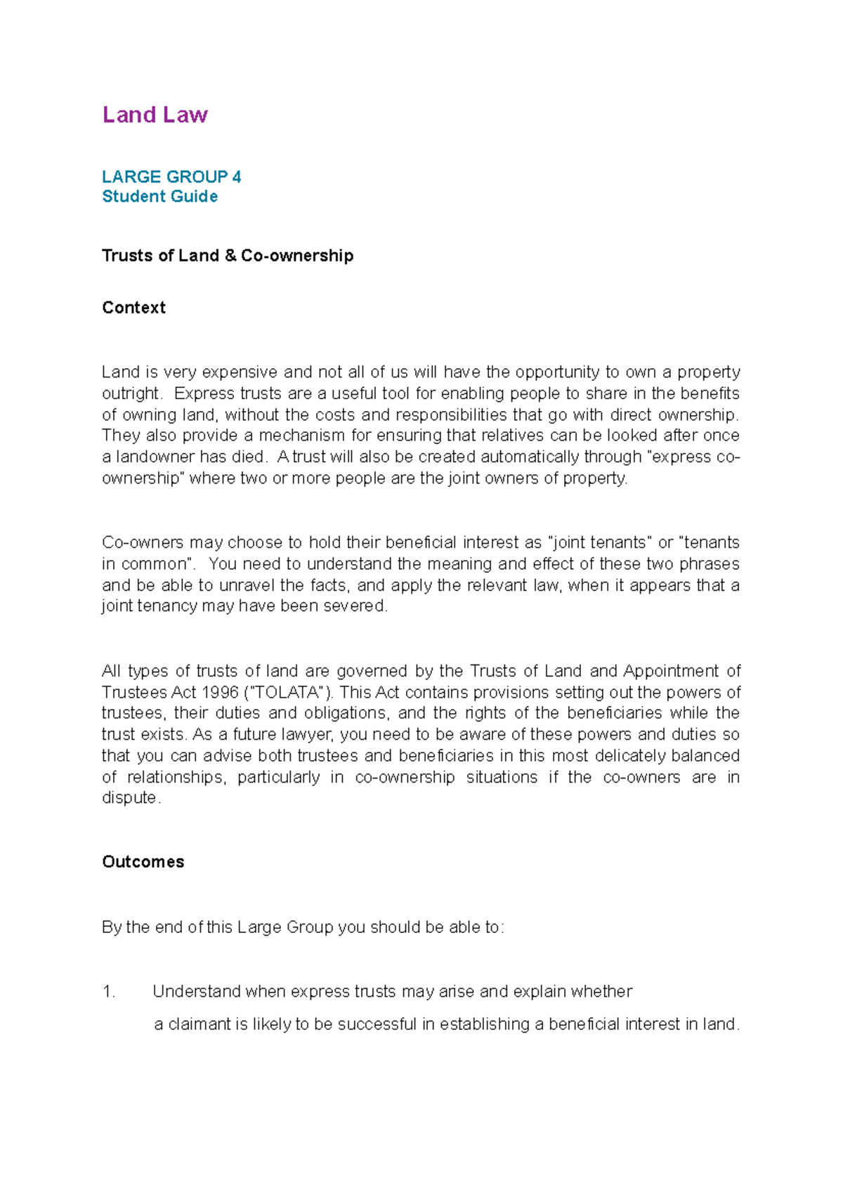 Land Law Large Group 4 - n/a - Land Law LARGE GROUP 4 Student Guide Trusts of Land & - Studocu