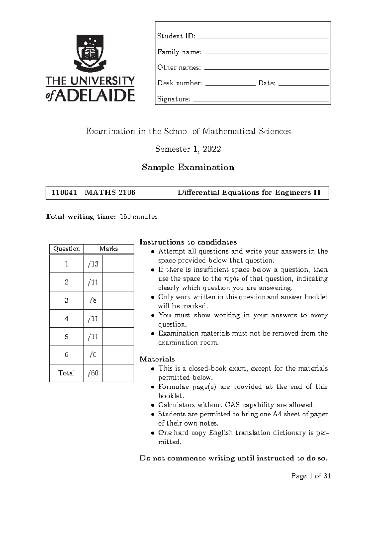 Sample 2106 2022 - Student ID: Family name: Other names: Desk number ...