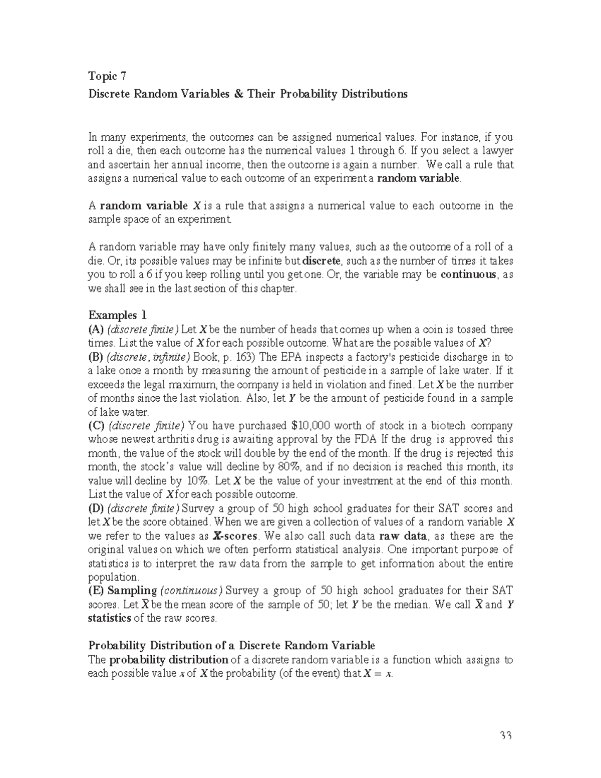 T7 Discrete Random Variables Topic 7 Discrete Random Variables