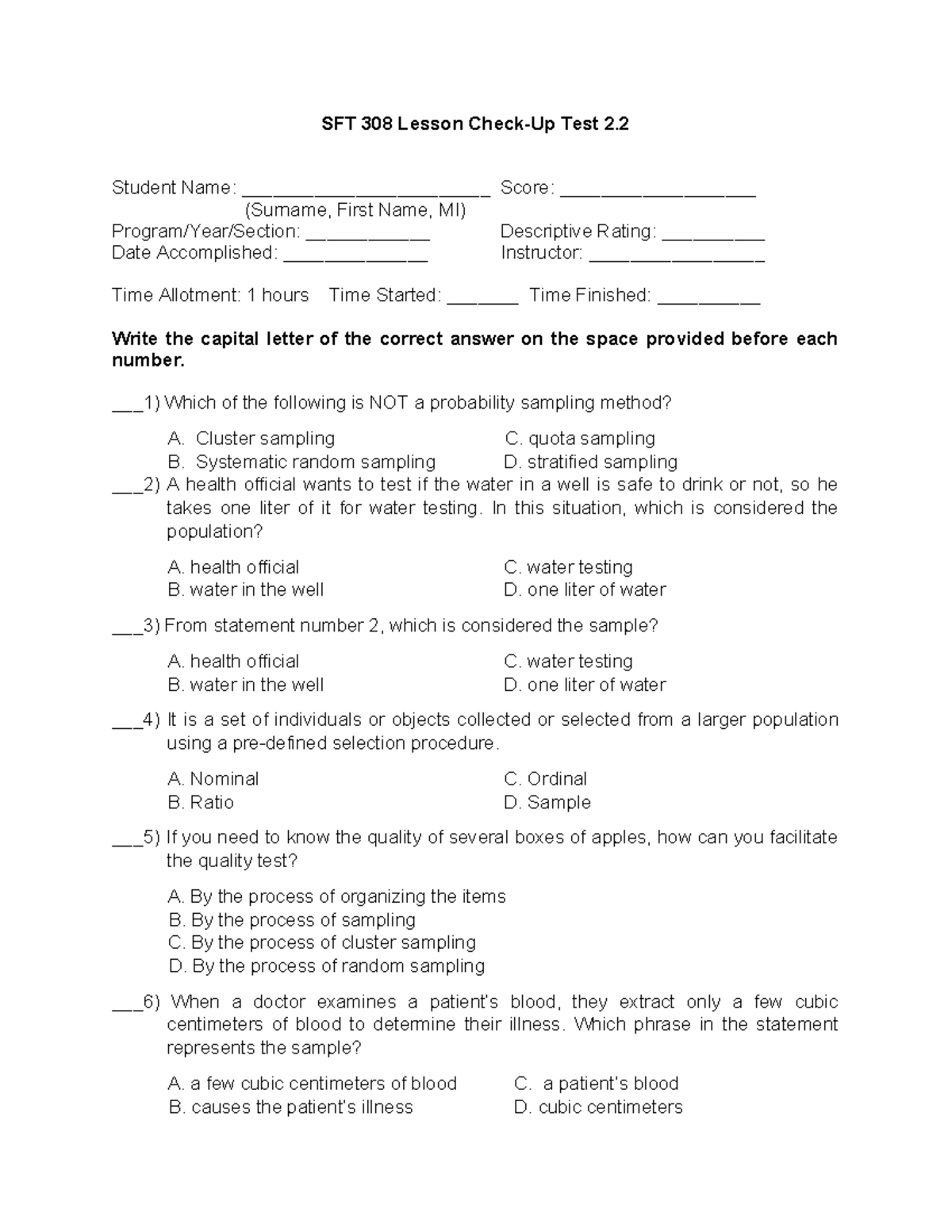 SFT 308 Activity 2 - useful - SFT 308 Lesson Check-Up Test 2. Student ...