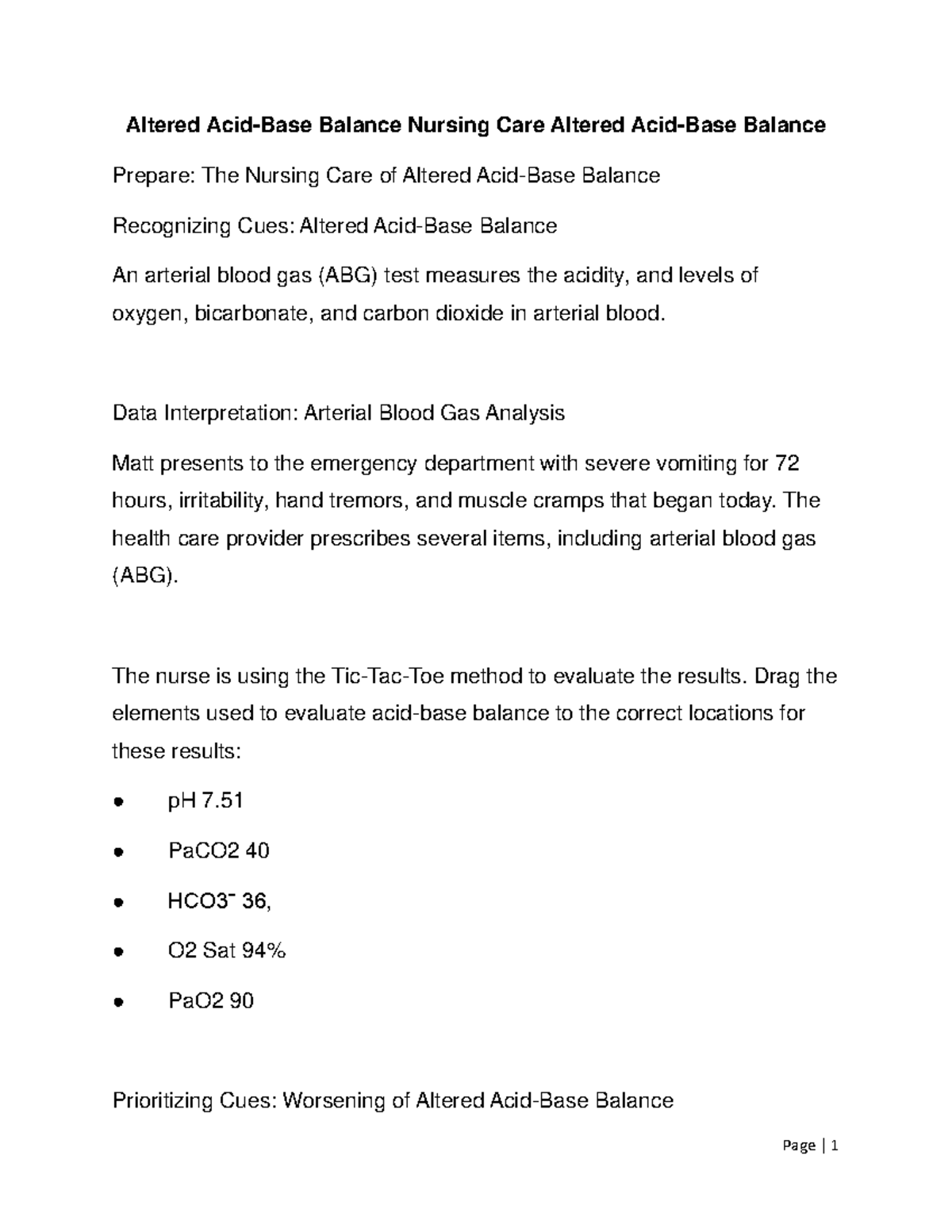 Altered Acid-Base Balance Nursing Care Altered Acid-Base Balance - Data ...