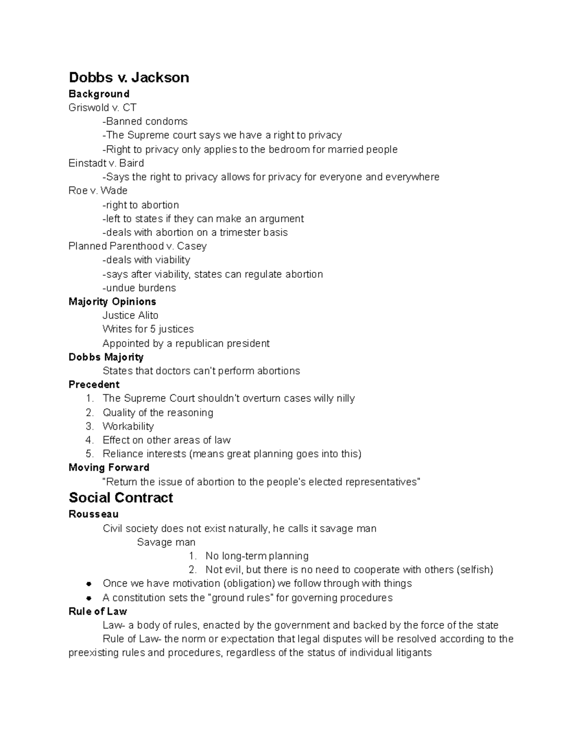 poli sci exam 1 review guide - Dobbs v. Jackson Background Griswold v ...