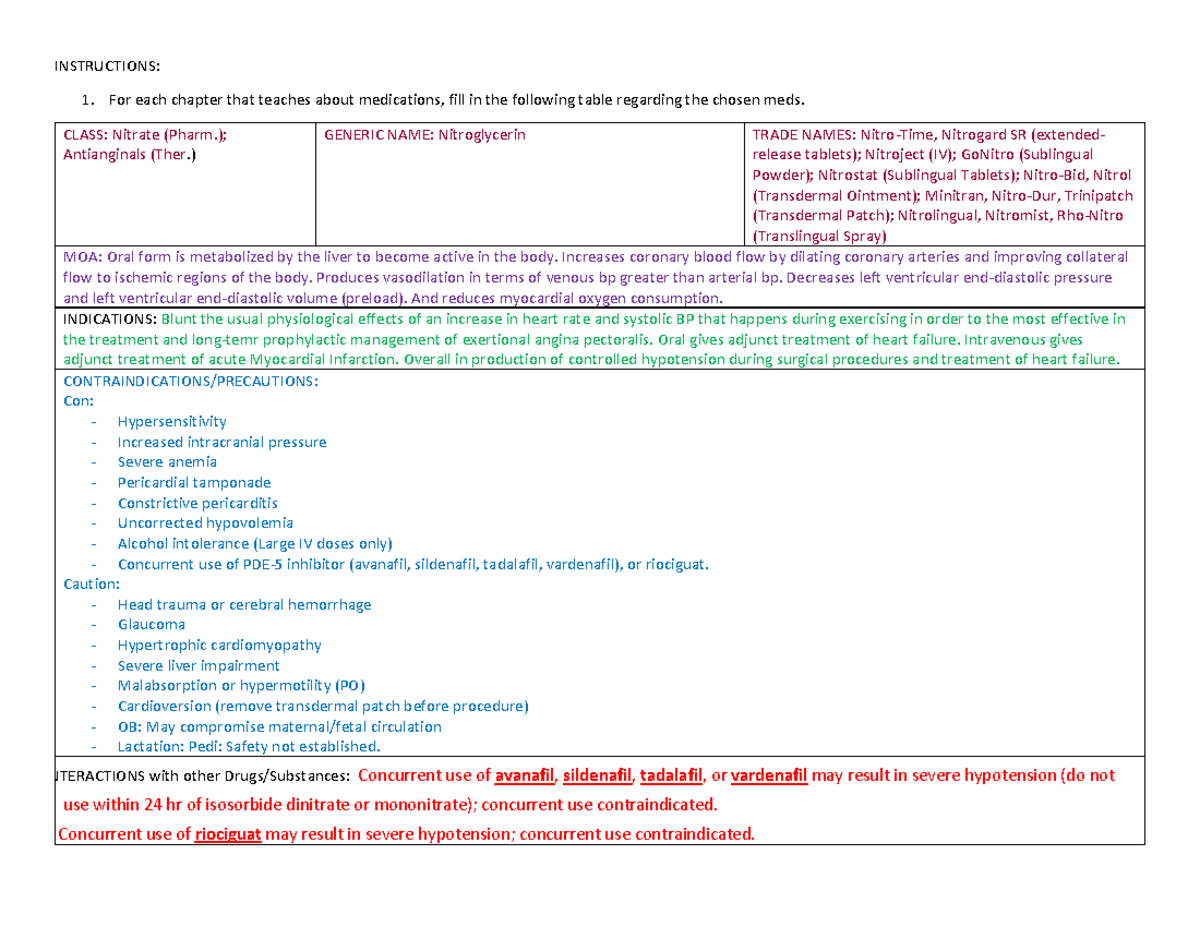 Unit 7 Med Card- Nitroglycerin - INSTRUCTIONS: For each chapter that ...