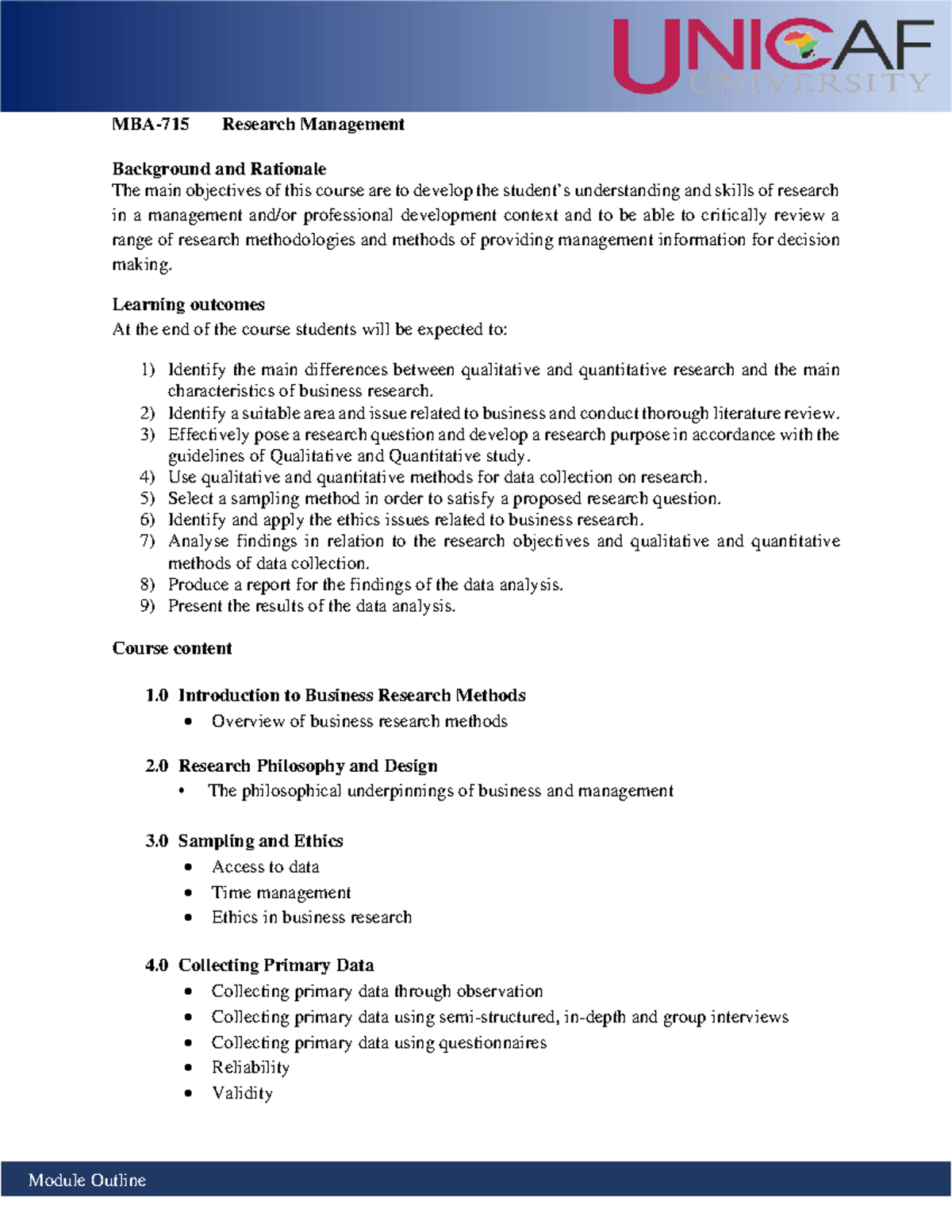 MBA-715-ZM Research Management Module Outline - Module Outline MBA-715 ...