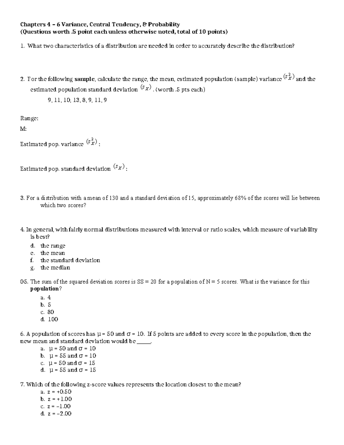 Chapter 4-6 worksheet - Chapters 4 – 6 Variance, Central Tendency ...