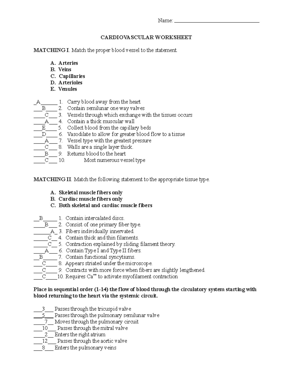 Worksheet 4 (Cardiovascular) - Name: CARDIOVASCULAR WORKSHEET MATCHING ...