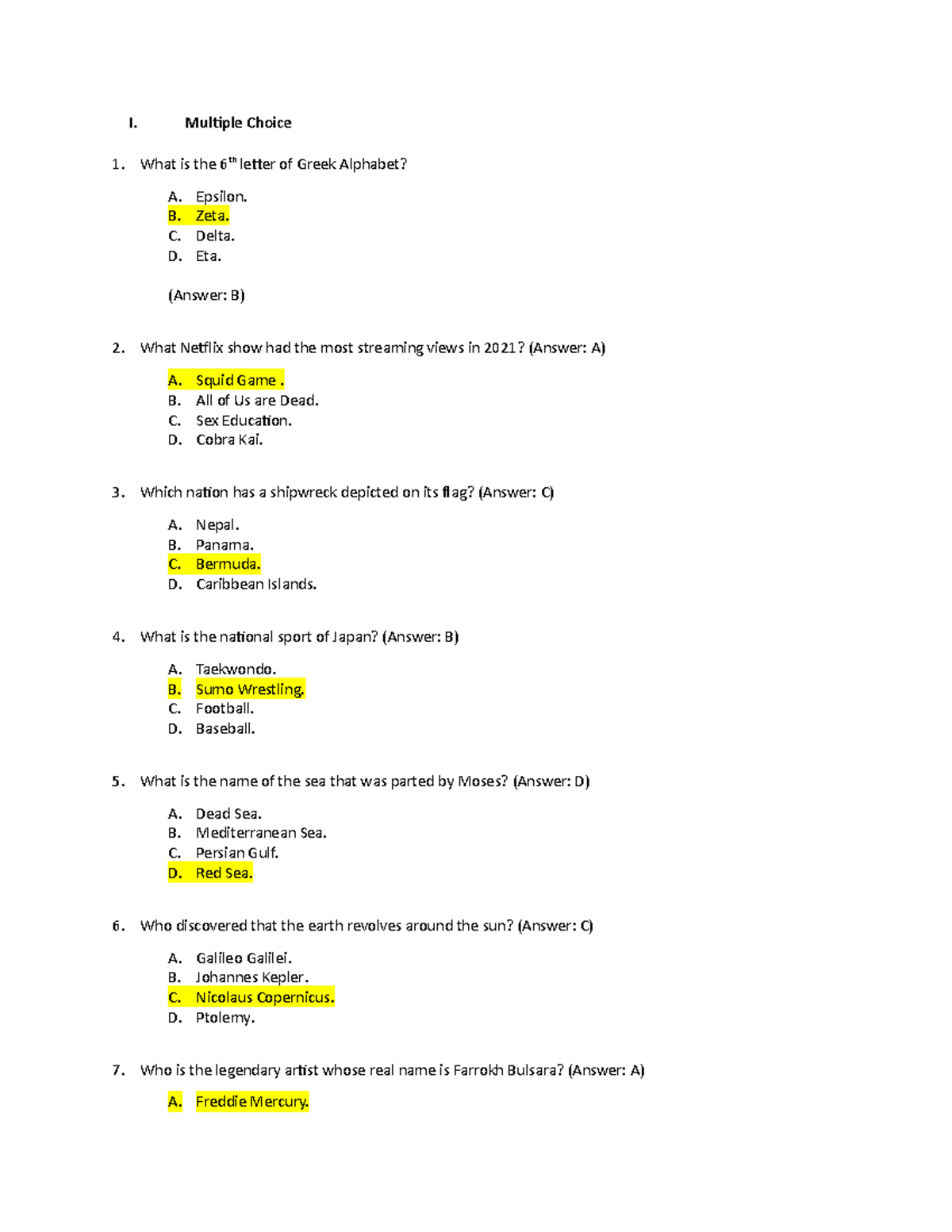 Quiz bee reviewer in arellano university - I. Multiple Choice What is ...