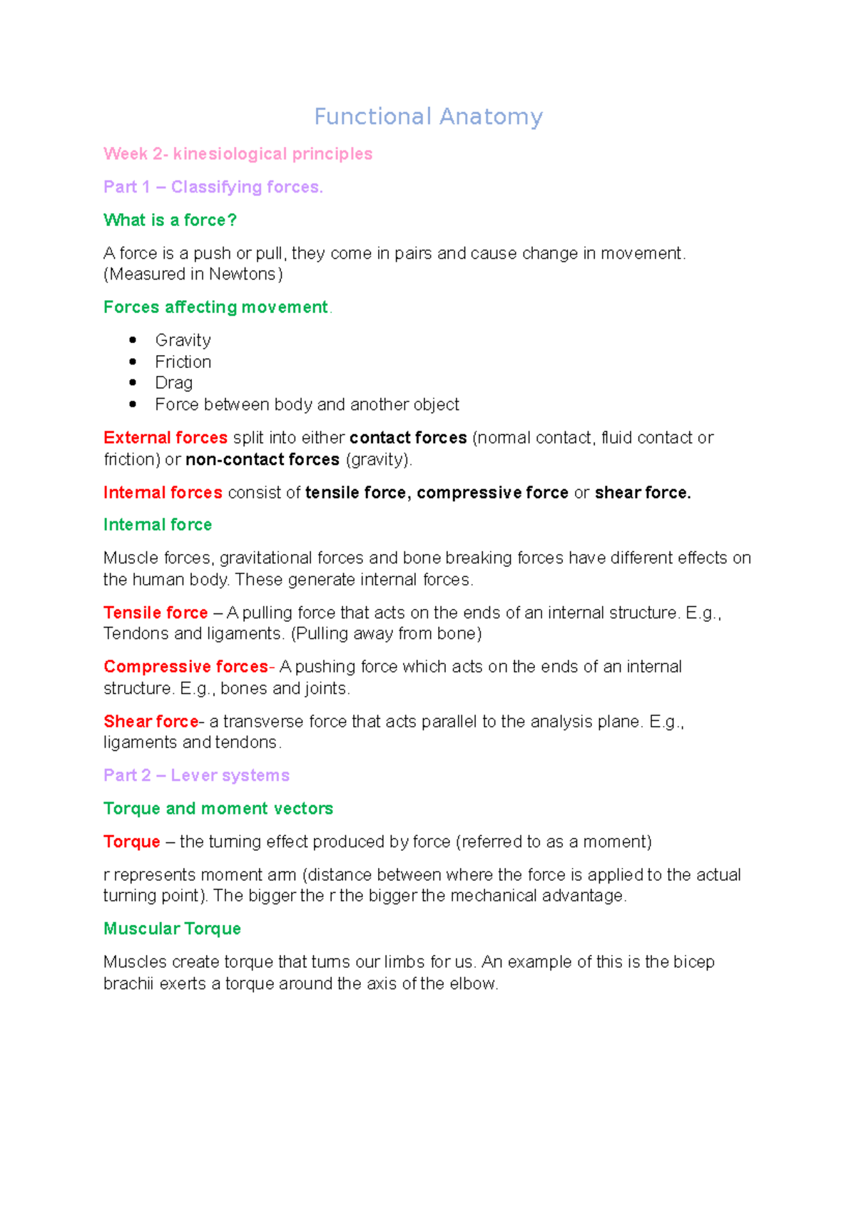 Functional Anatomy notes - Functional Anatomy Week 2- kinesiological ...