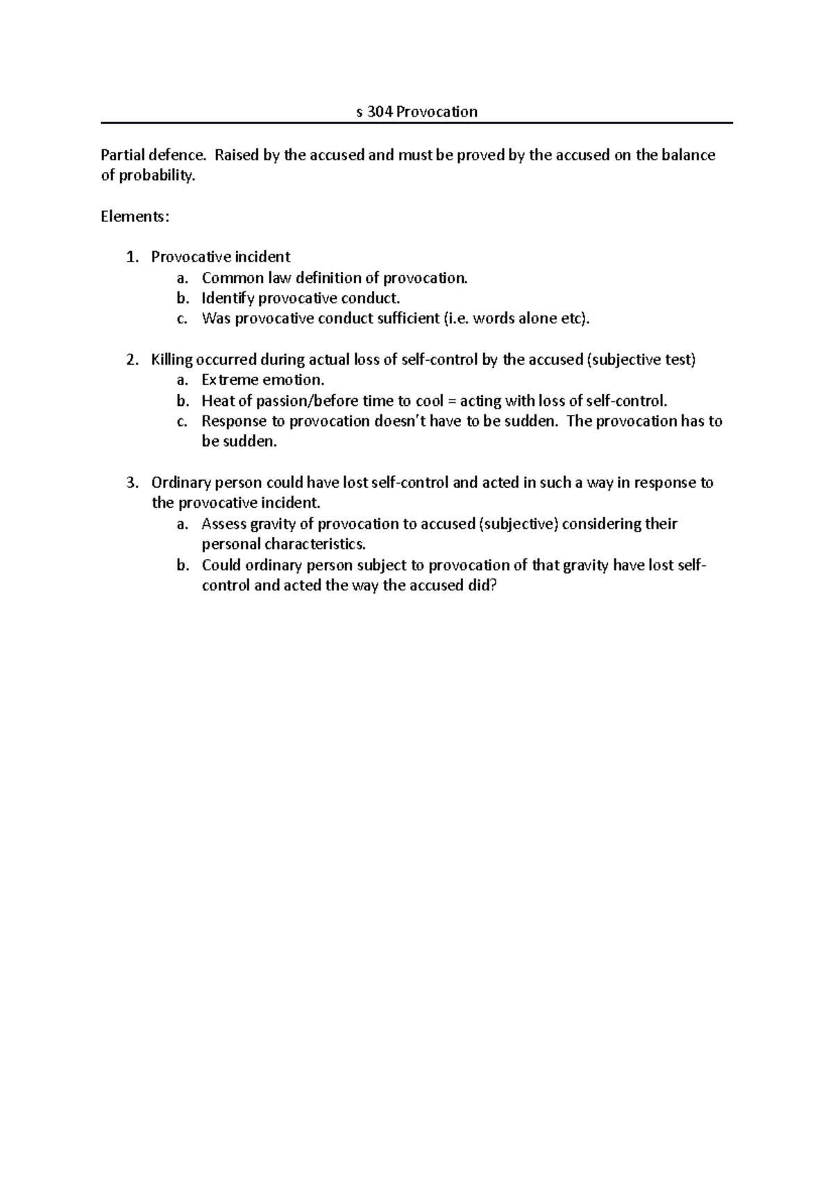 S 304 Provocation (Cheat Sheet) - s 304 Provocation Partial defence ...