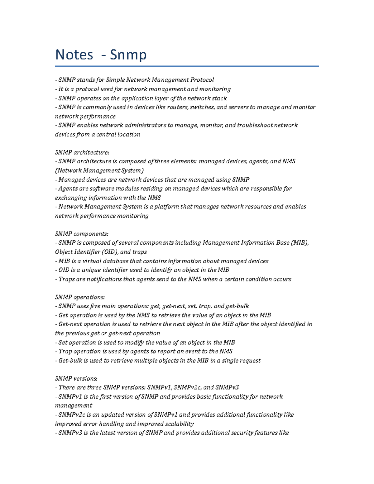Lecture notes - Snmp - Notes - Snmp SNMP stands for Simple Network ...