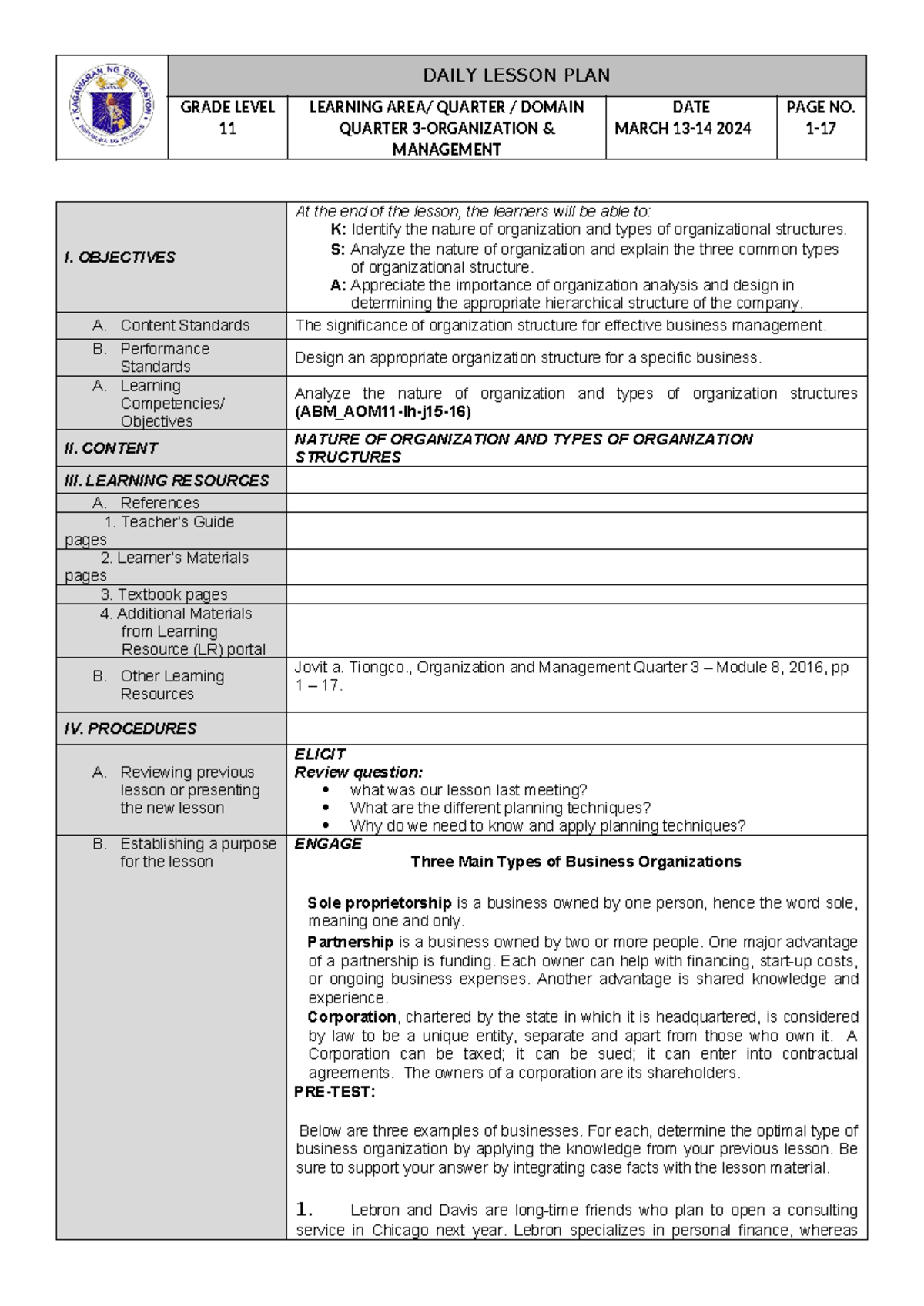 Daily-Lesson-Plan-for- Organization & Management - GRADE LEVEL 11 ...