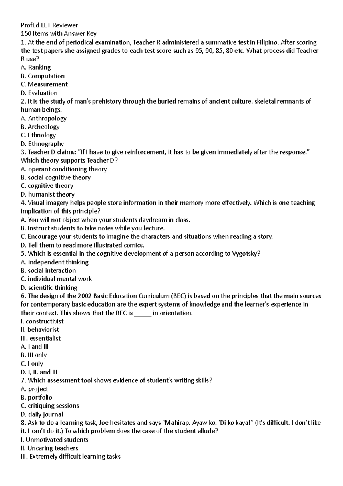 Prof Ed LET Reviewer - ProfEd LET Reviewer 150 Items with Answer Key At ...