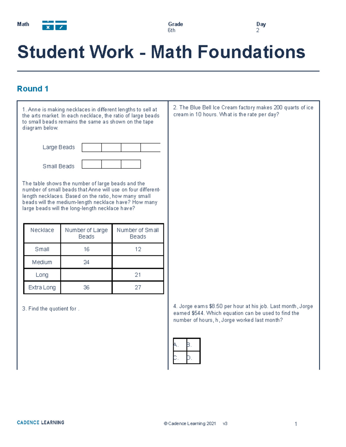 6th grade Math-Summer School 6Math Foundations Day 2 Student Work ...